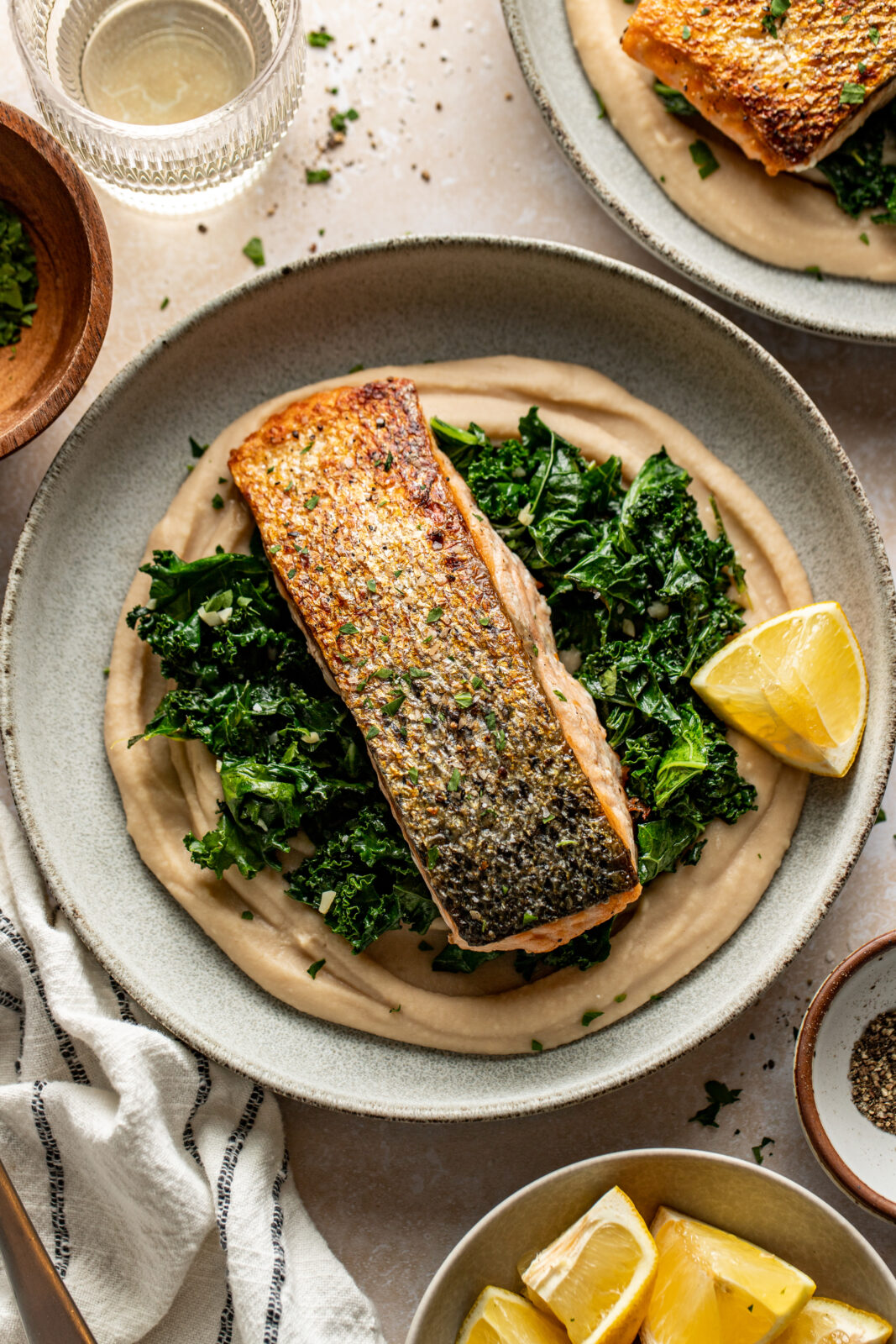 Crispy Pan Seared Salmon with Puréed Beans and Sautéed Kale - Butter ...